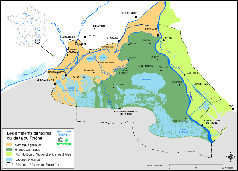 Réserve de biosphère Camargue,l'ensemble du delta biogéographique du ...
